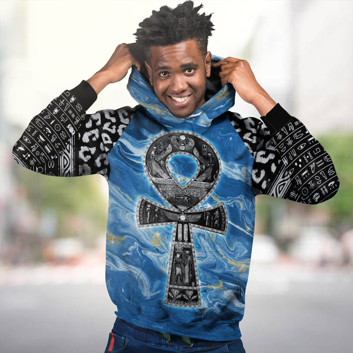 Ankh On Blue Marble All-over Hoodie | African American Clothing ...